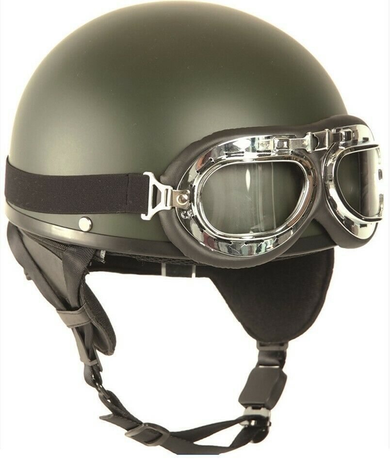 Motorradhelm Halbschale Chopperhelm mit Brille und Nackenschutz oliv ...