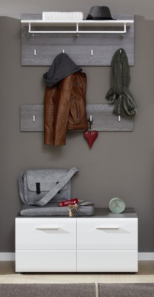 Garderobe Bank Sitzbank Schuhbank weiß Hochglanz und grau Flur Diele ...