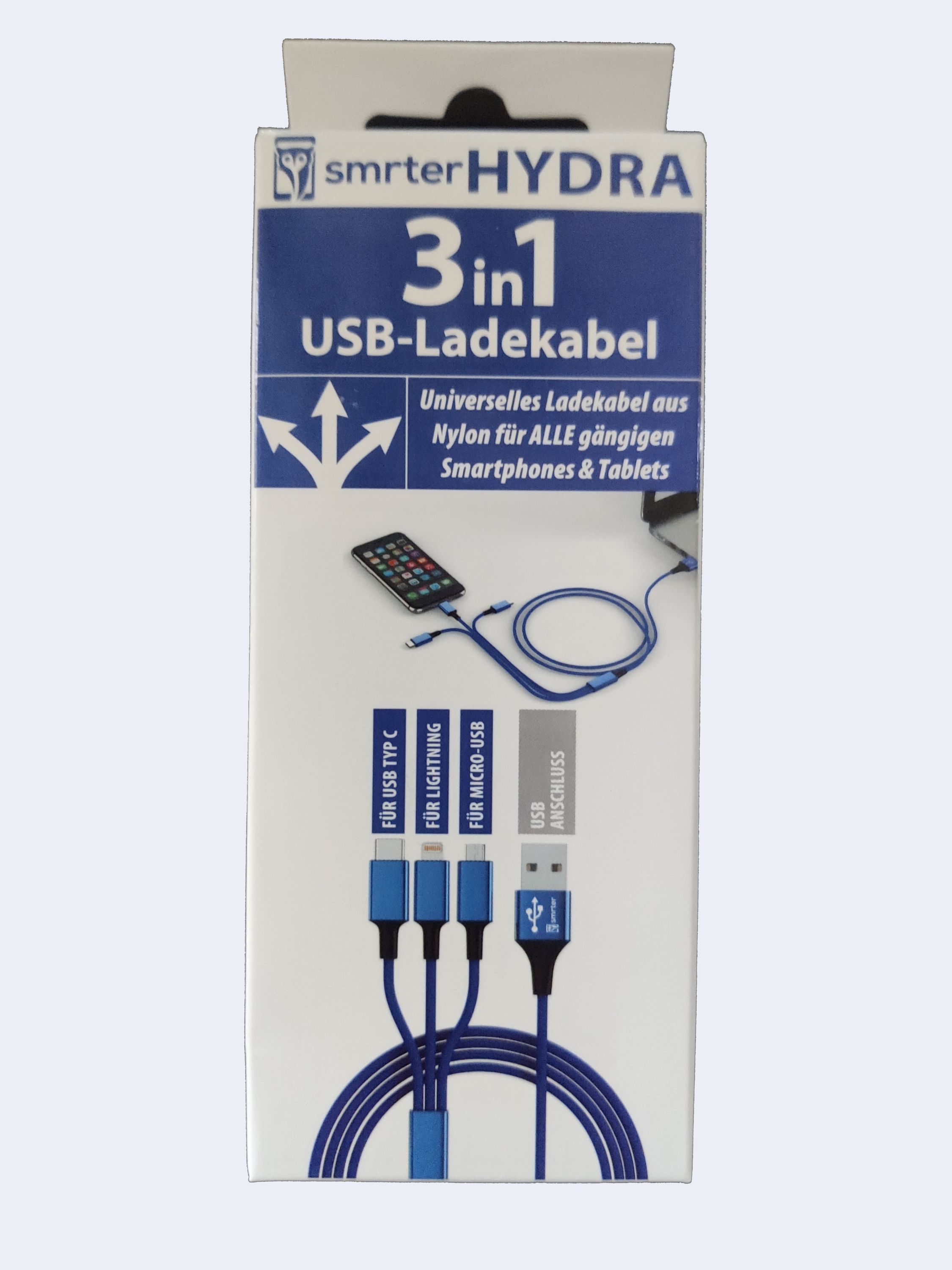 SMRTER Hydra PRO Blau 3 in 1 Ladekabel USB C Lightning Micro USB Kombi ...