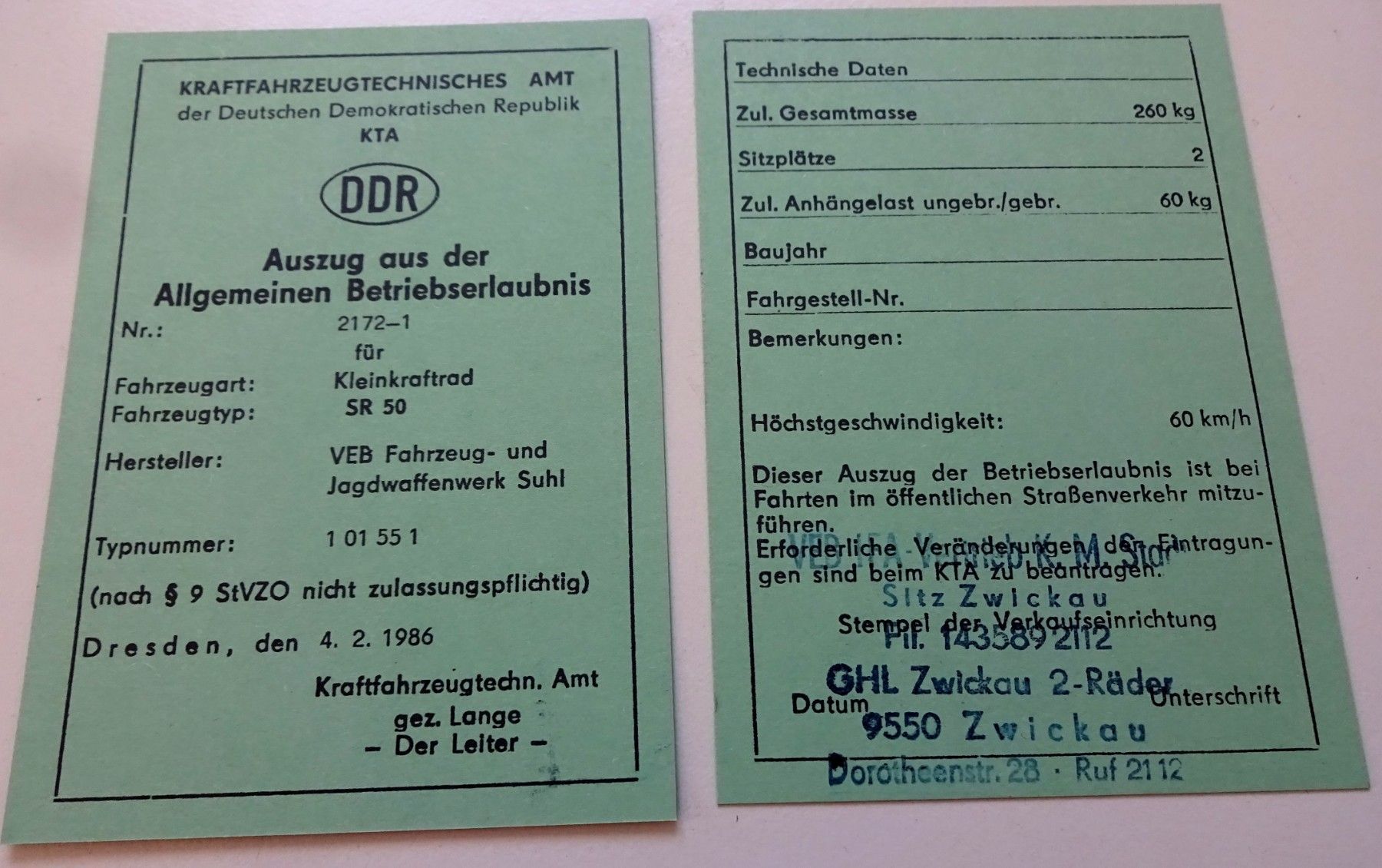Datenblatt ABE Betriebserlaubnis SIMSON SR 50 mit echtem DDR IFA VEB ...