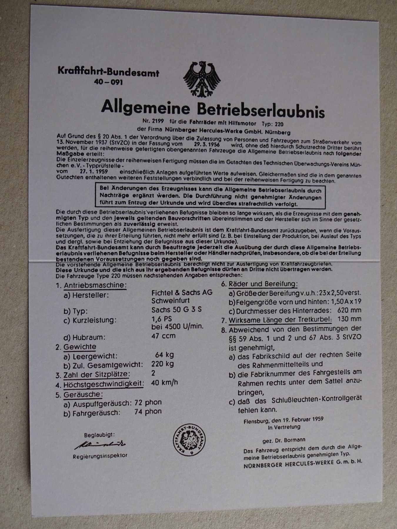 Datenblatt Betriebserlaubnis ABE Hercules Motor Sachs 50 Moped Mofa ...