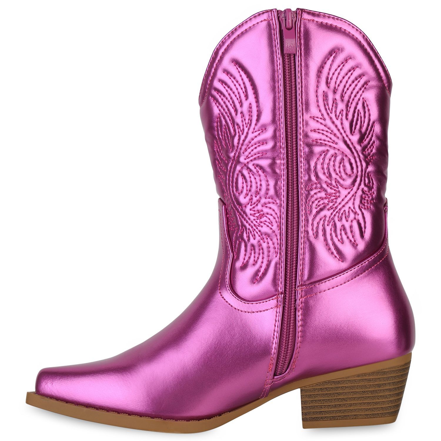 VAN HILL Damen Cowboy Boots Stiefeletten Stickereien Holzoptikabsatz ...