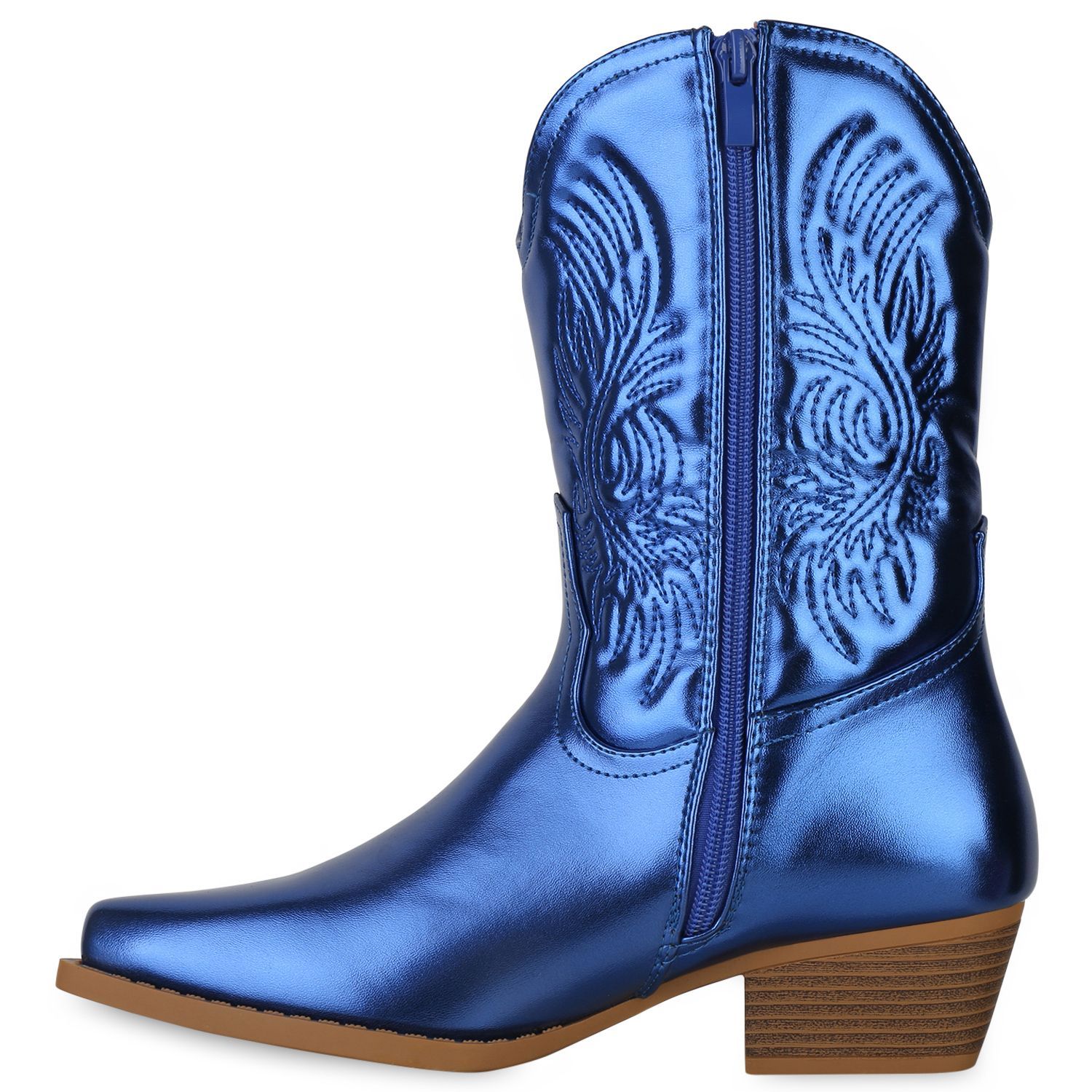 VAN HILL Damen Cowboy Boots Stiefeletten Stickereien Holzoptikabsatz ...