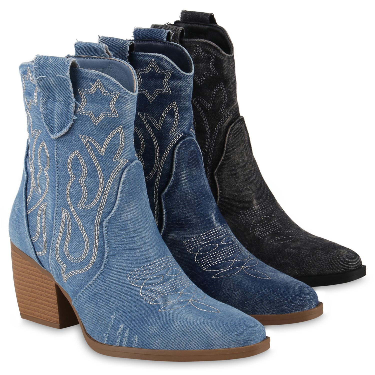 VAN HILL Damen Cowboy Boots Stiefeletten Spitze Denim Stickereien ...