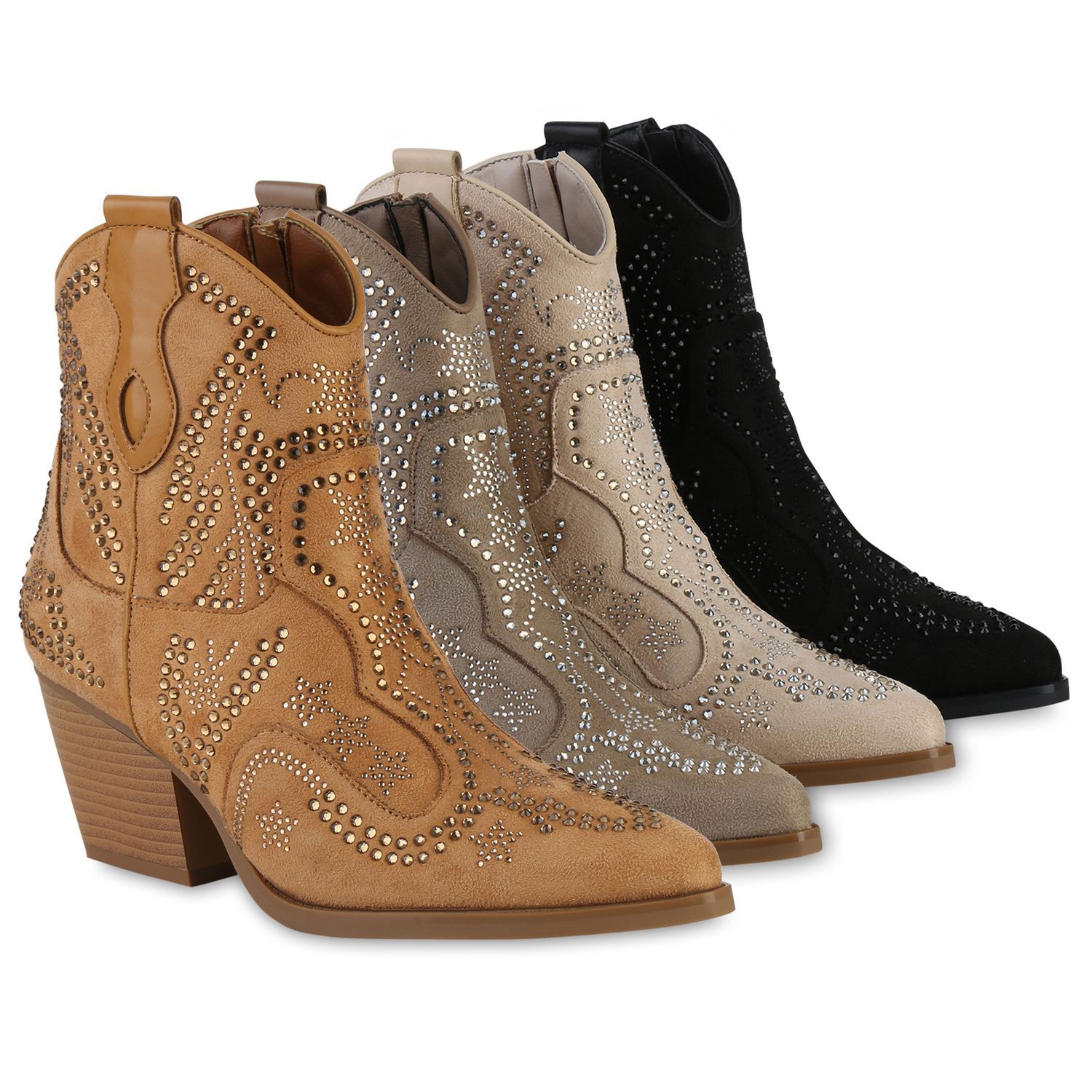 VAN HILL Damen Cowboy Boots Stiefelette Spitz Strass Holzoptikabsatz ...