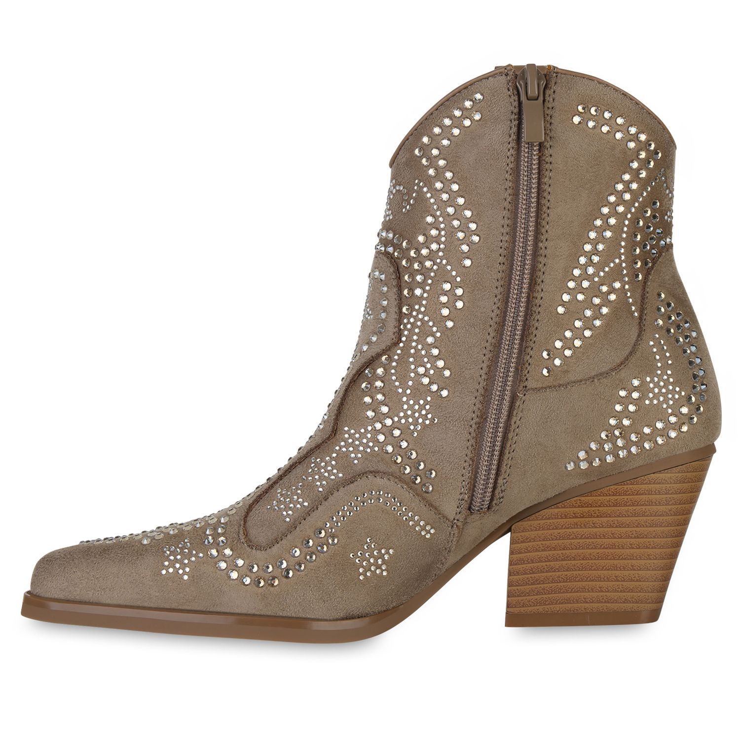 VAN HILL Damen Cowboy Boots Stiefelette Spitz Strass Holzoptikabsatz ...