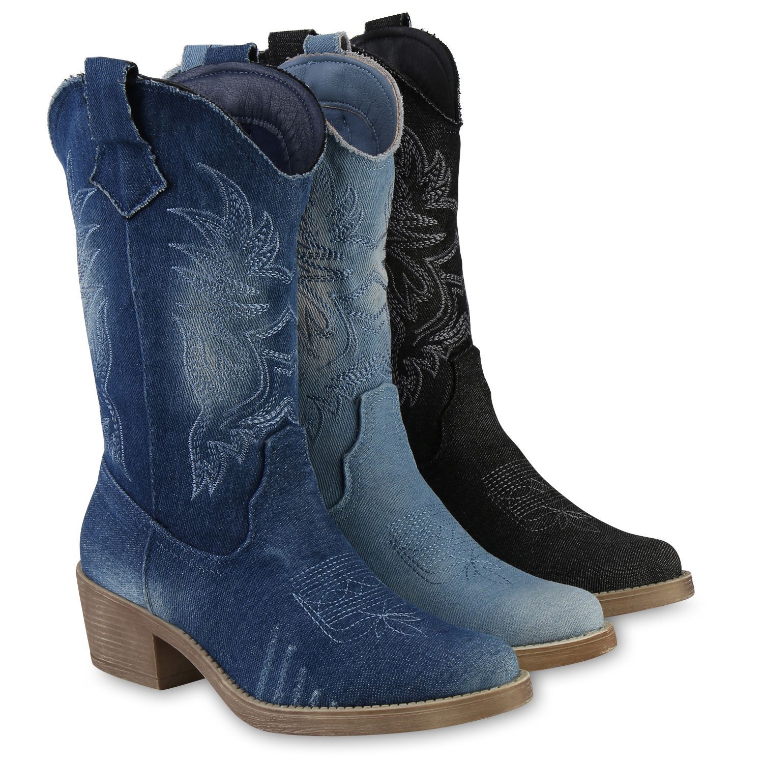 VAN HILL Damen Cowboy Boots Stiefeletten Denim Stiefel Stickereien ...