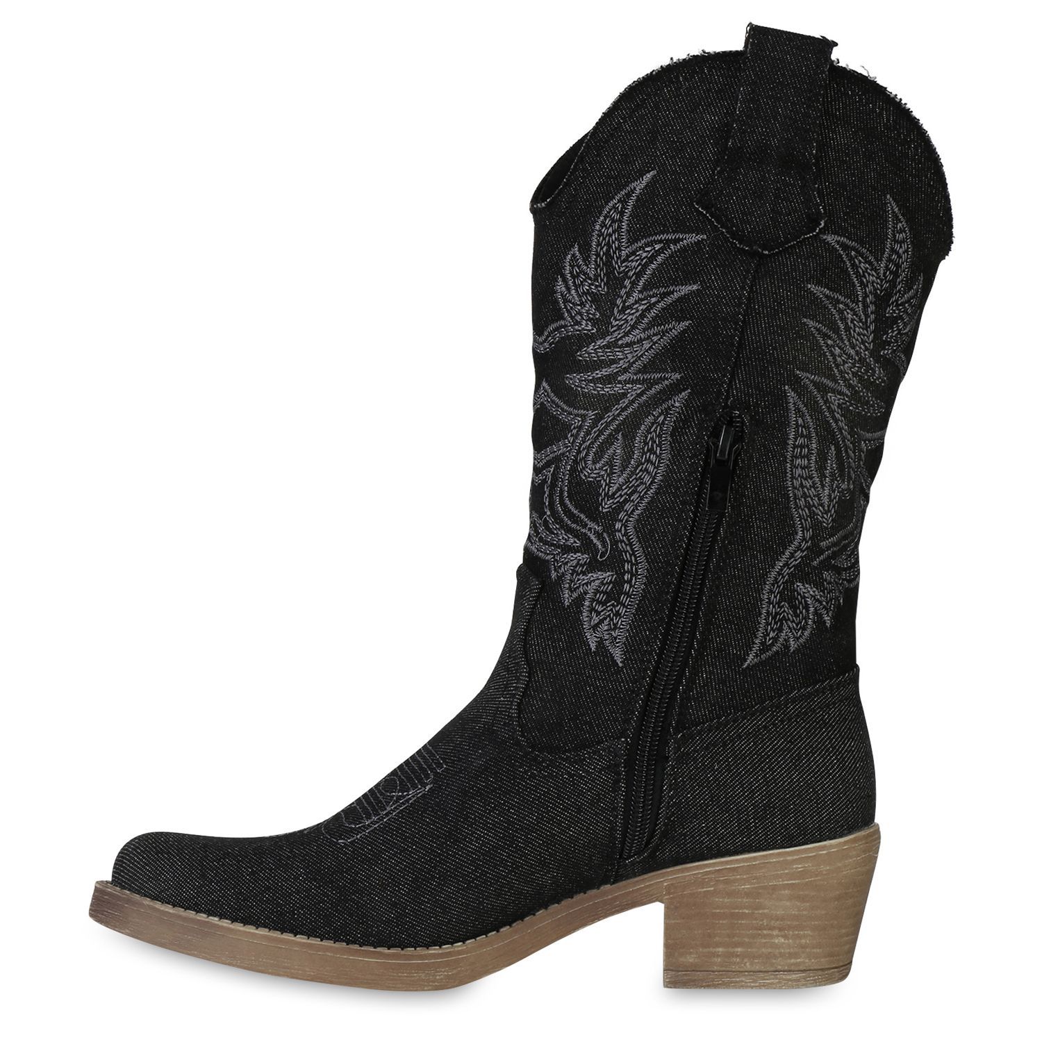 VAN HILL Damen Cowboy Boots Stiefeletten Denim Stiefel Stickereien ...