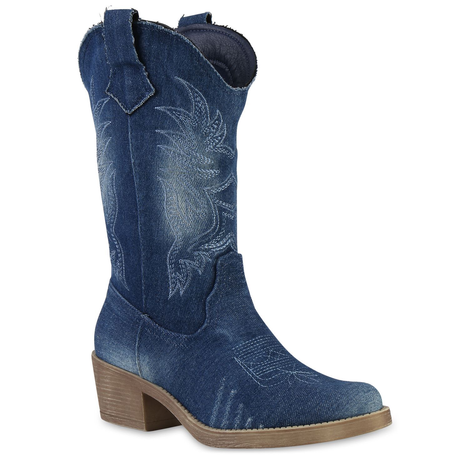 VAN HILL Damen Cowboy Boots Stiefeletten Denim Stiefel Stickereien ...