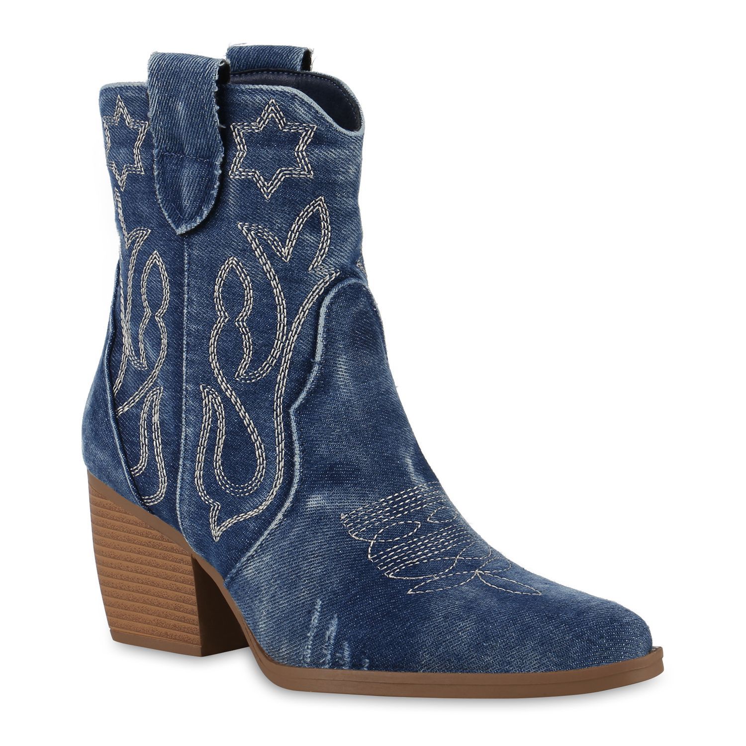 VAN HILL Damen Cowboy Boots Stiefeletten Spitze Denim Stickereien ...