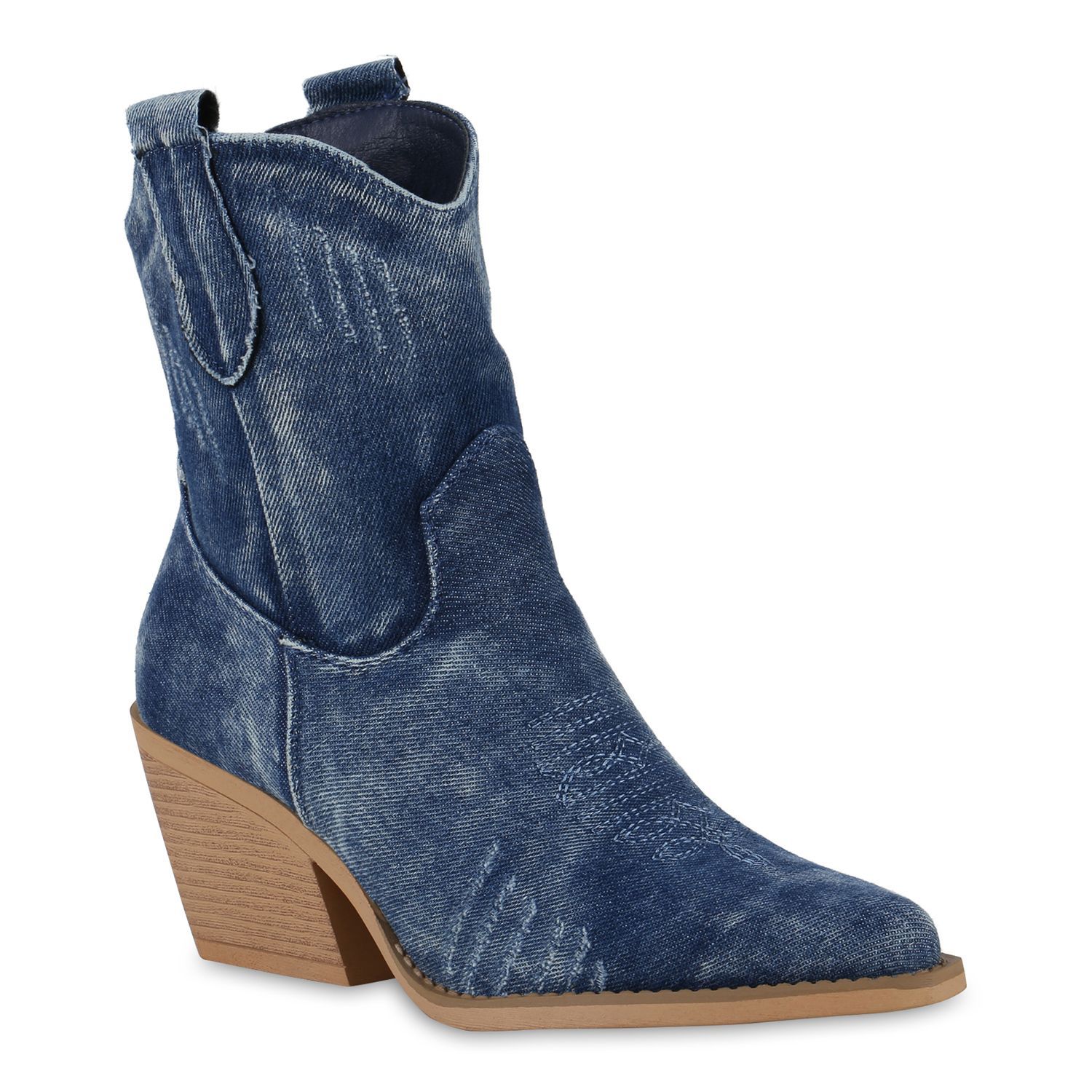 VAN HILL Damen Cowboy Boots Stiefeletten Spitze Denim Stickereien ...