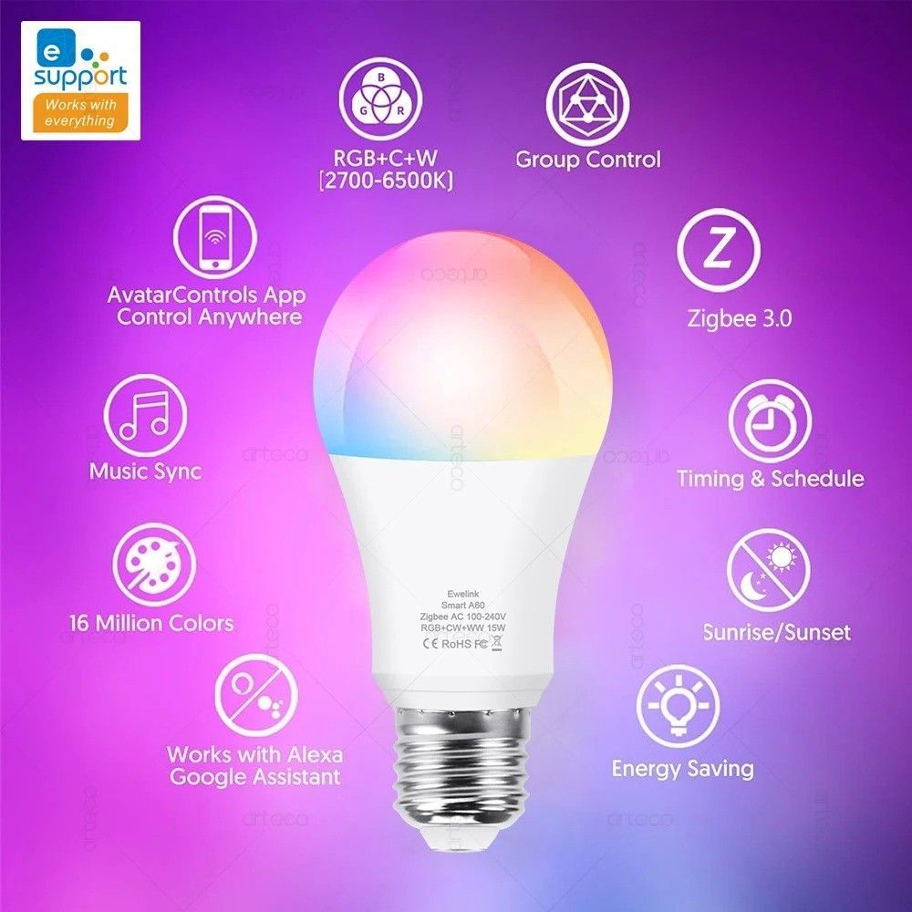 15W Zigbee Smart LED Bulb E27 - RGB, Works with Alexa & Google Home-1Pc ...