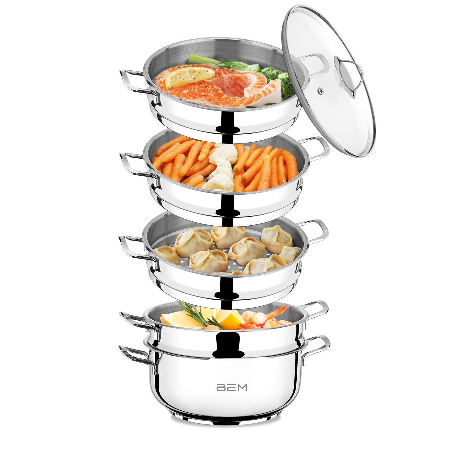 BEM Dampfkocher aus Edelstahl 18/10 mit Glasdeckel, 6-tlg., 28 cm ...