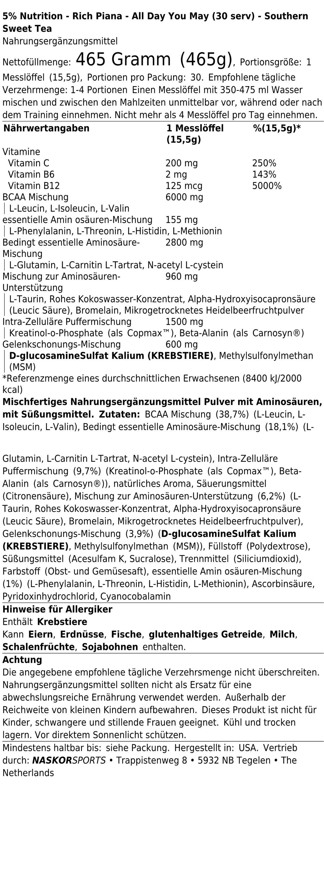 3 x 5% Nutrition - Rich Piana All Day You May (30 serv) Southern Sweet ...