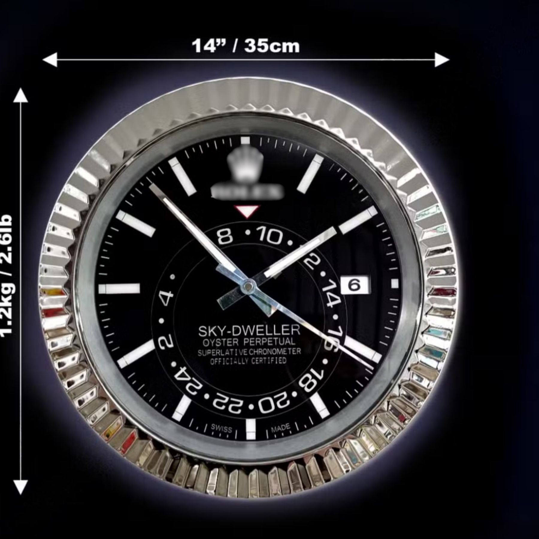 Wanduhr Rolex Sky-Dweller Date Schwarz Fluted Bezel Stahl Dealer ...