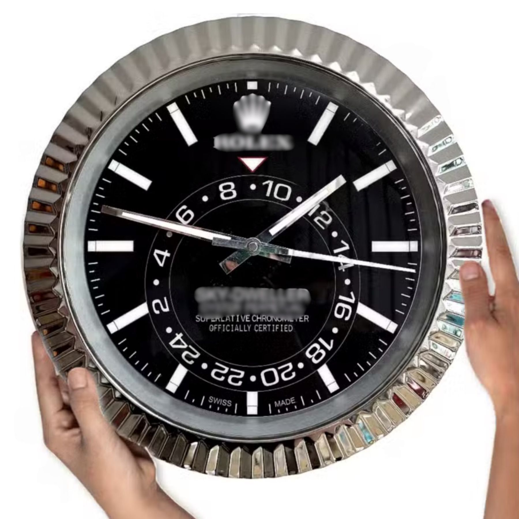 Wanduhr Rolex Sky-Dweller Schwarz Fluted Bezel Stahl Dealer Display ...