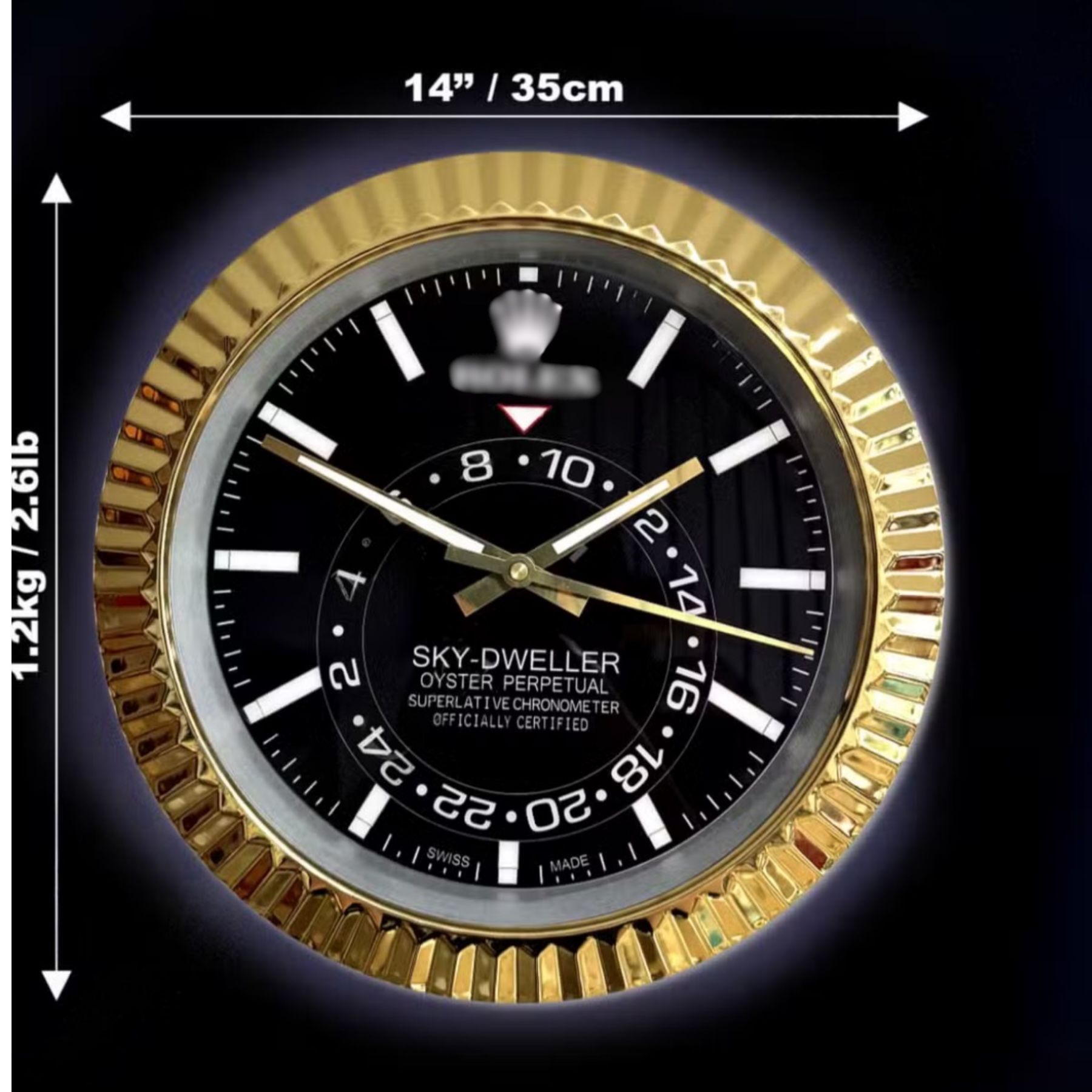 Wanduhr Rolex Sky-Dweller Schwarz Fluted Bezel Gold Dealer Display 34cm ...