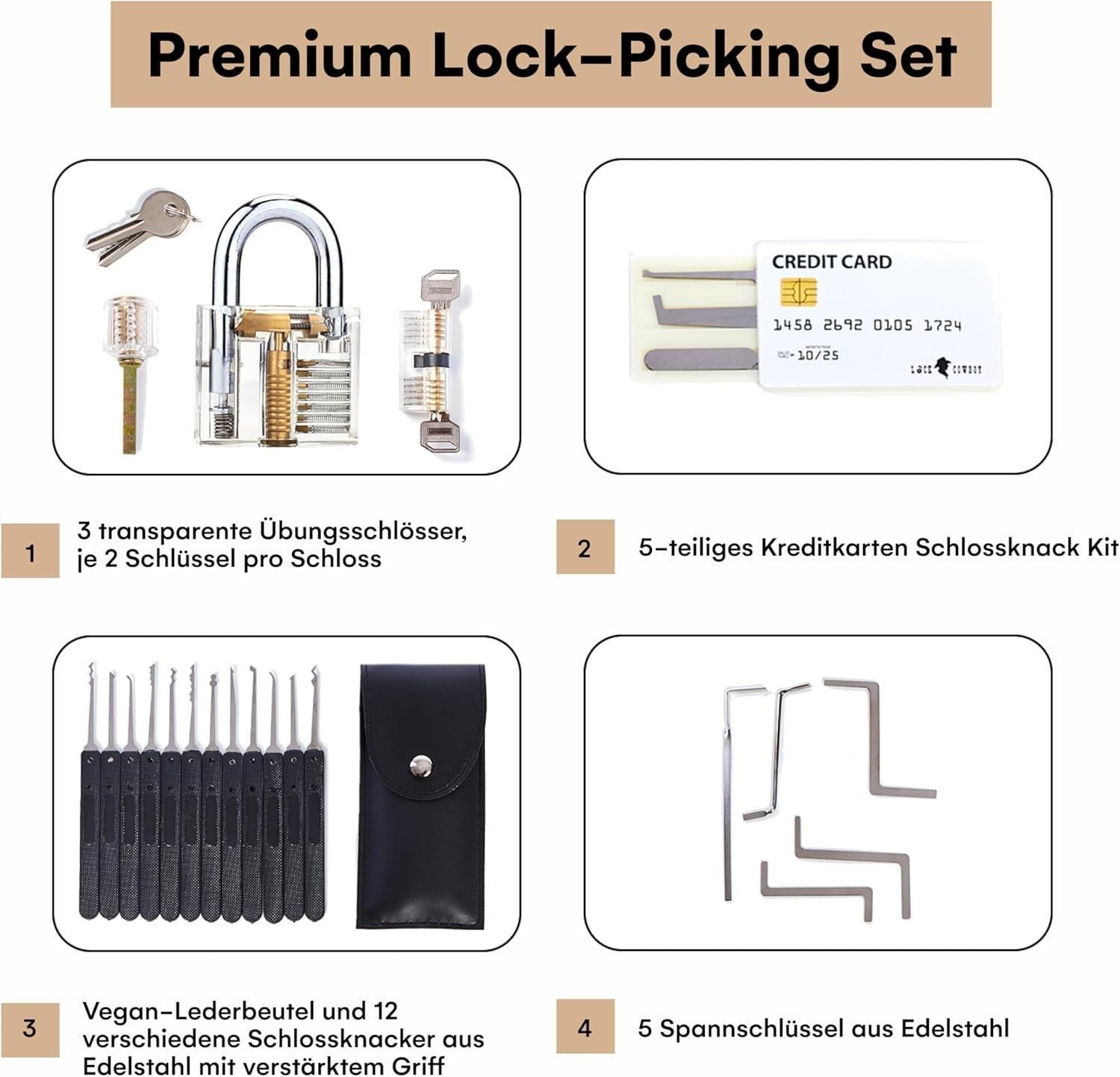 LOCK COWBOY 30-teiliges Lockpicking Set mit 3 Transparenten ...