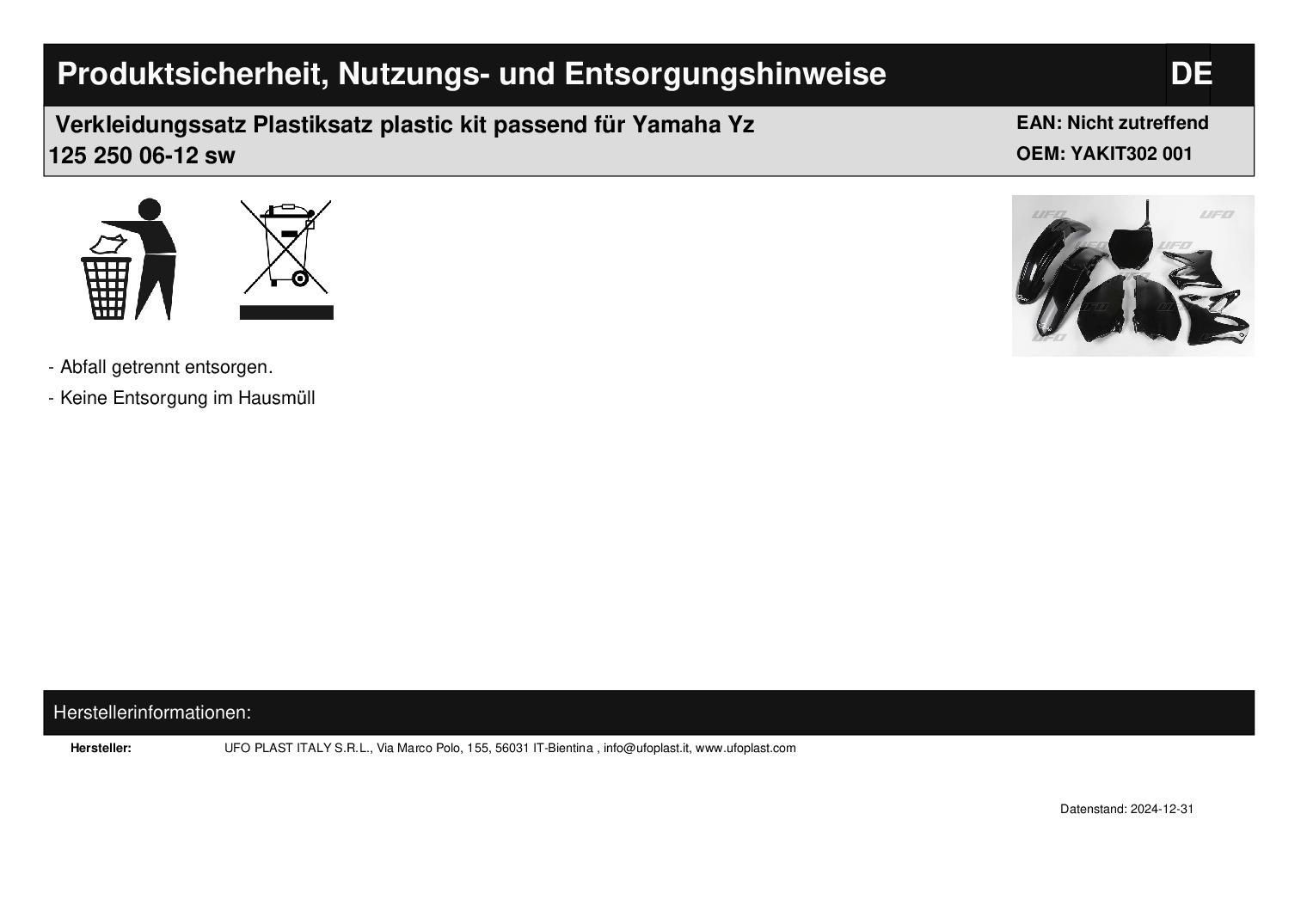Verkleidungssatz Plastiksatz plastic kit passend für Yamaha Yz 125 250 ...