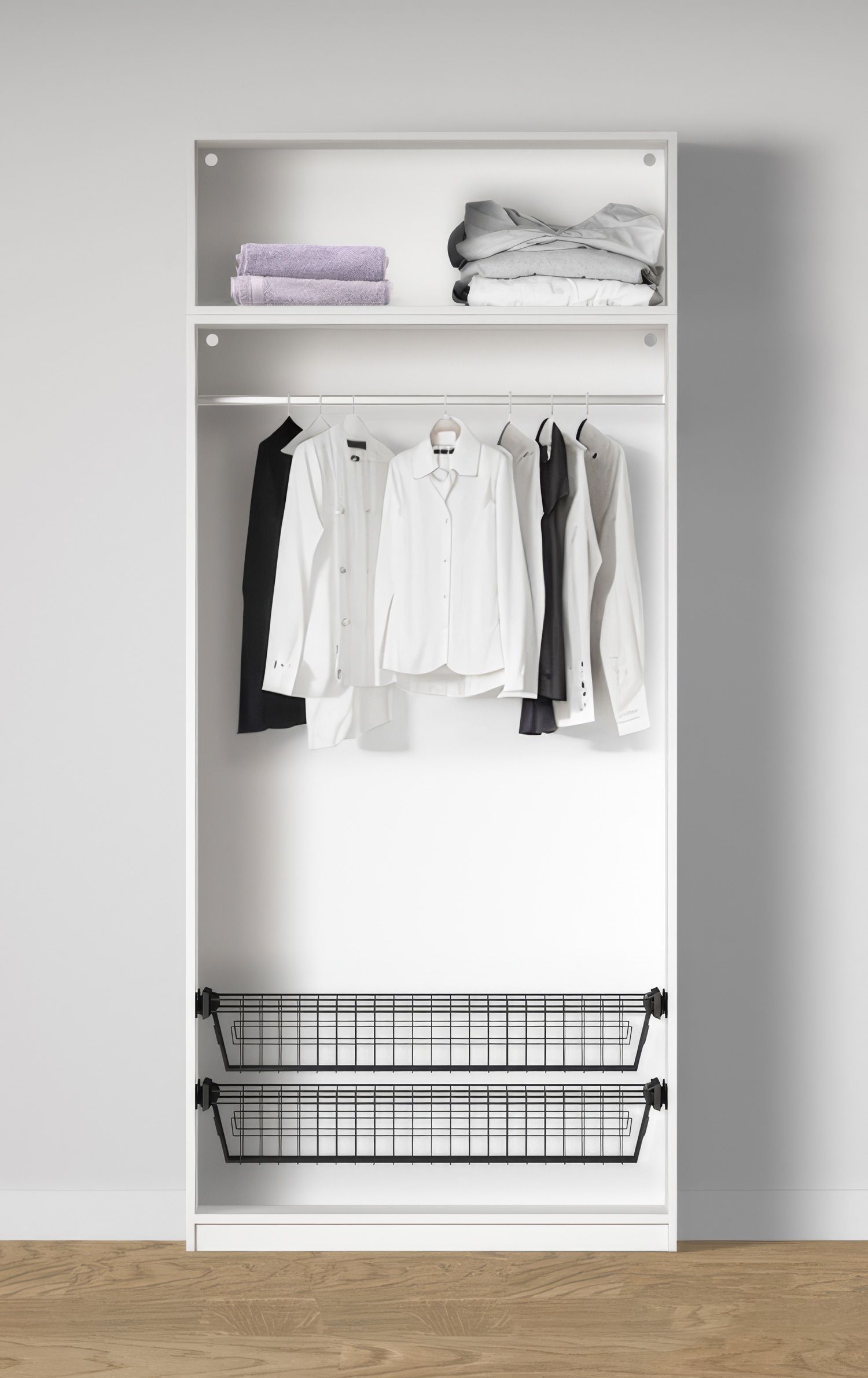 Offener Kleiderschrank | 2 Wäschekörbe | breit | Farbe: Weiß | 1 Fach ...