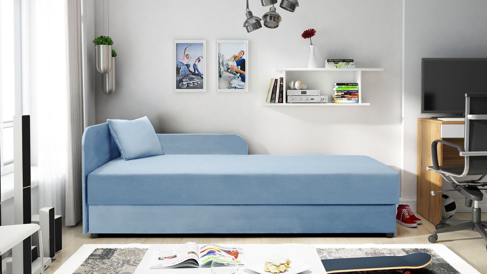 Neutrales Tagesbett / Gästebett Lobatos 77, Farbe: Blau, inkl. Kissen ...
