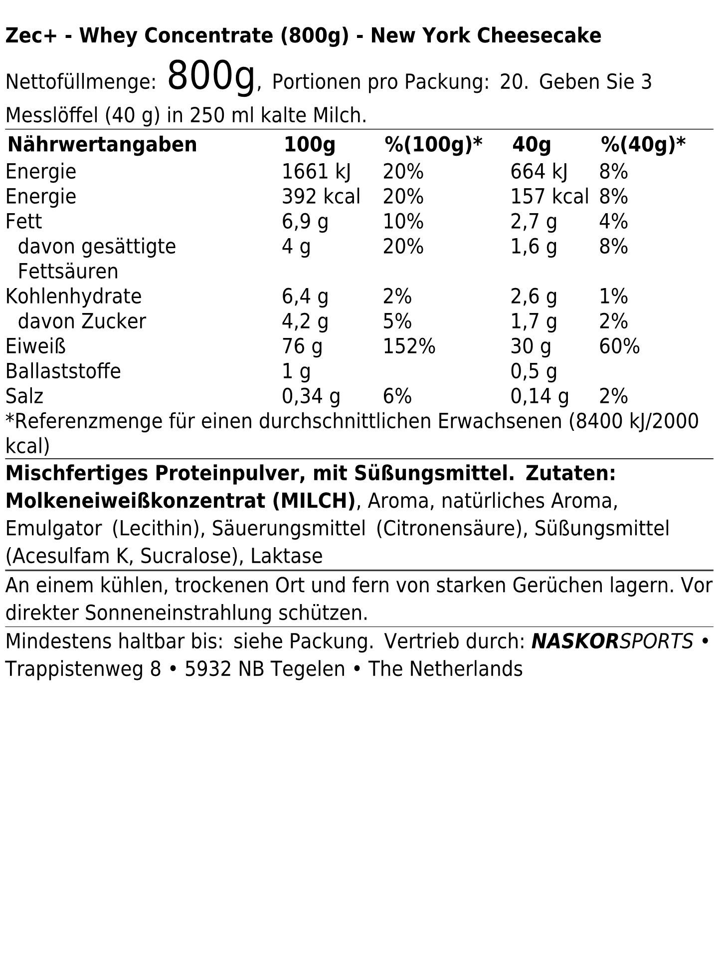 Zec+ Whey Concentrate (800g) New York Cheesecake kaufen bei Hood.de