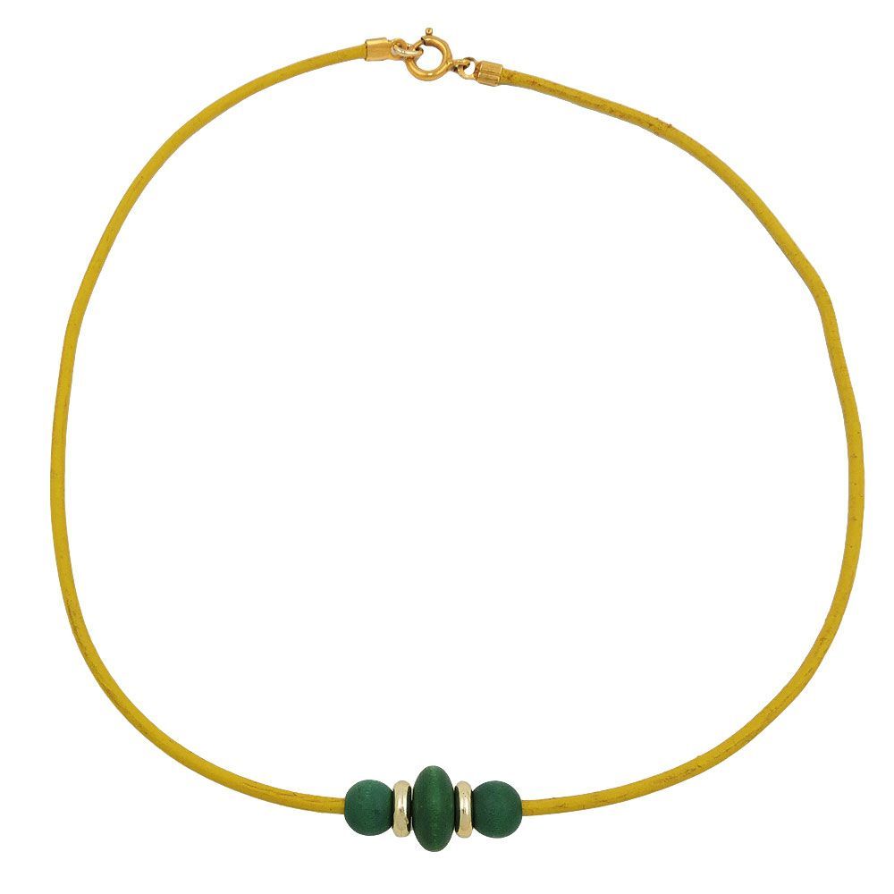 Kette 3 Holzperlen dunkelgrün Lederband gelb 42cm kaufen bei Hood.de