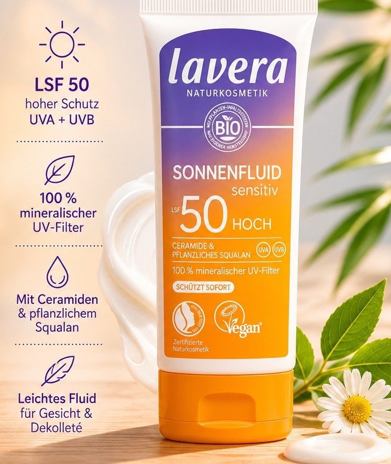 lavera Sonnenfluid Sensitiv LSF 50 40 ml mineralischer UV-Schutz vegan ...