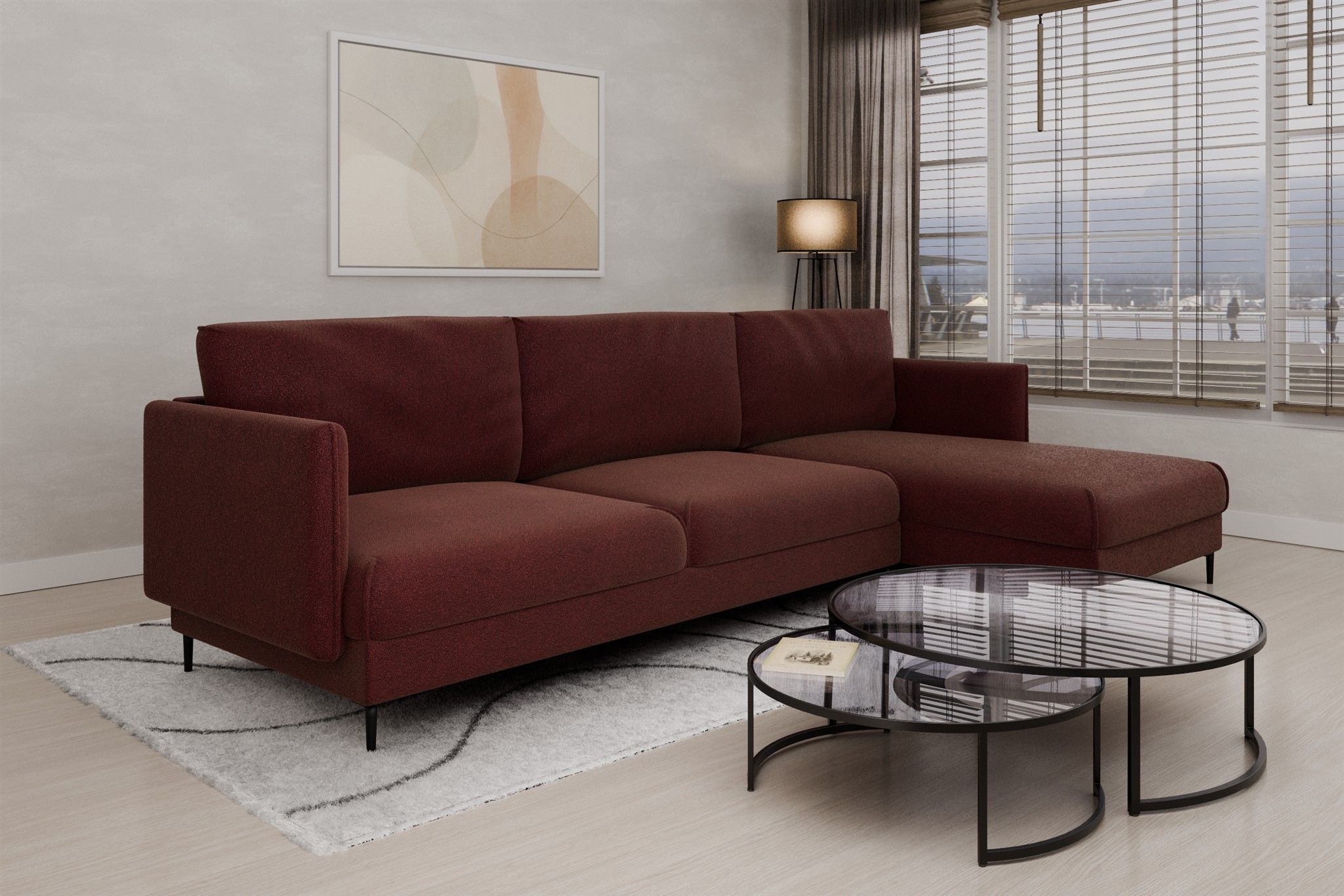 Ecksofa Designersofa HELMER Stoff Baloo Bordeauxrot Ottomane Rechts ...