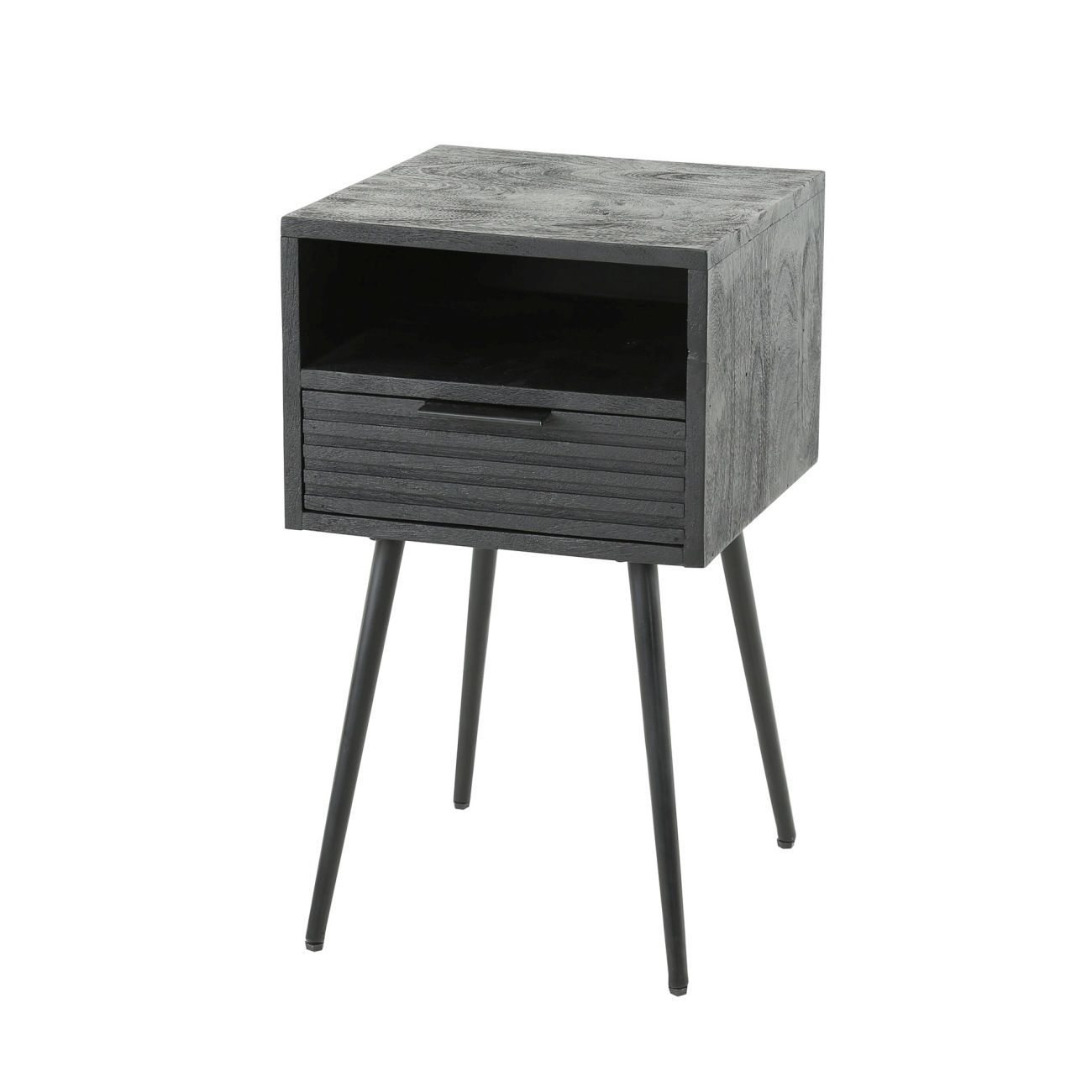 Nachttisch Lari Mangoholz massiv, modern mit geriffelter Front, Schwarz ...