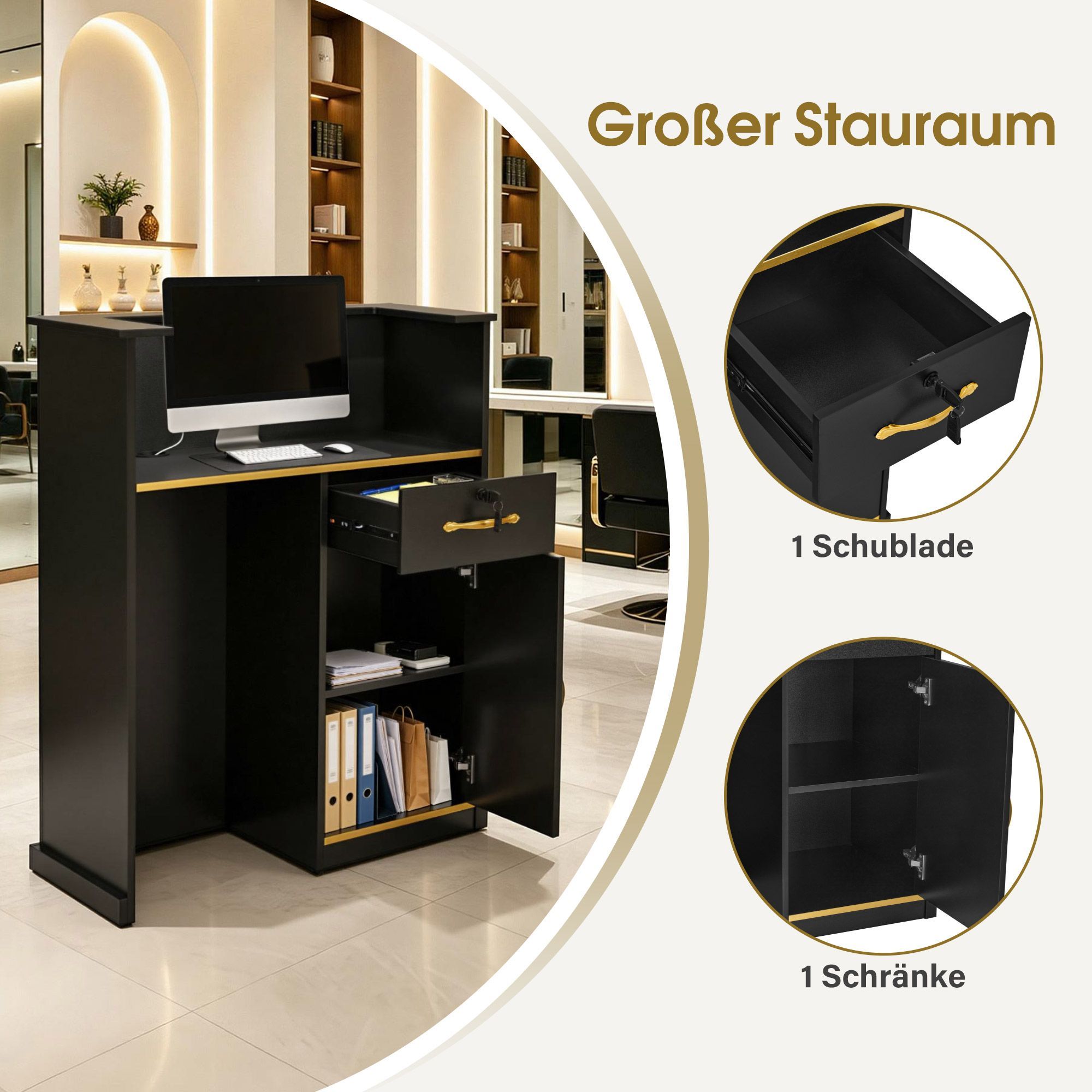 BarberPub Empfangstheke mit 1 Schublade, Rezeptionstisch Schwarz R9788 ...