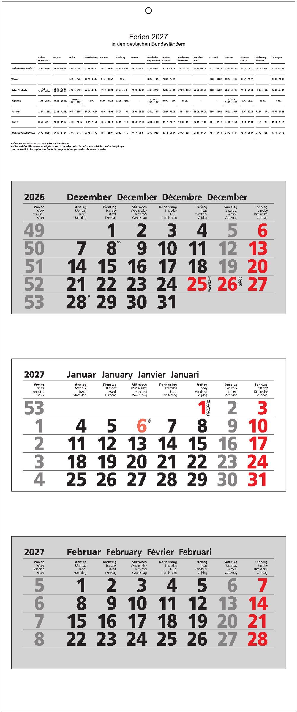 2027 ADINA Dreimonatskalender 70x33cm mit Tagesanzeiger in Blockform ...