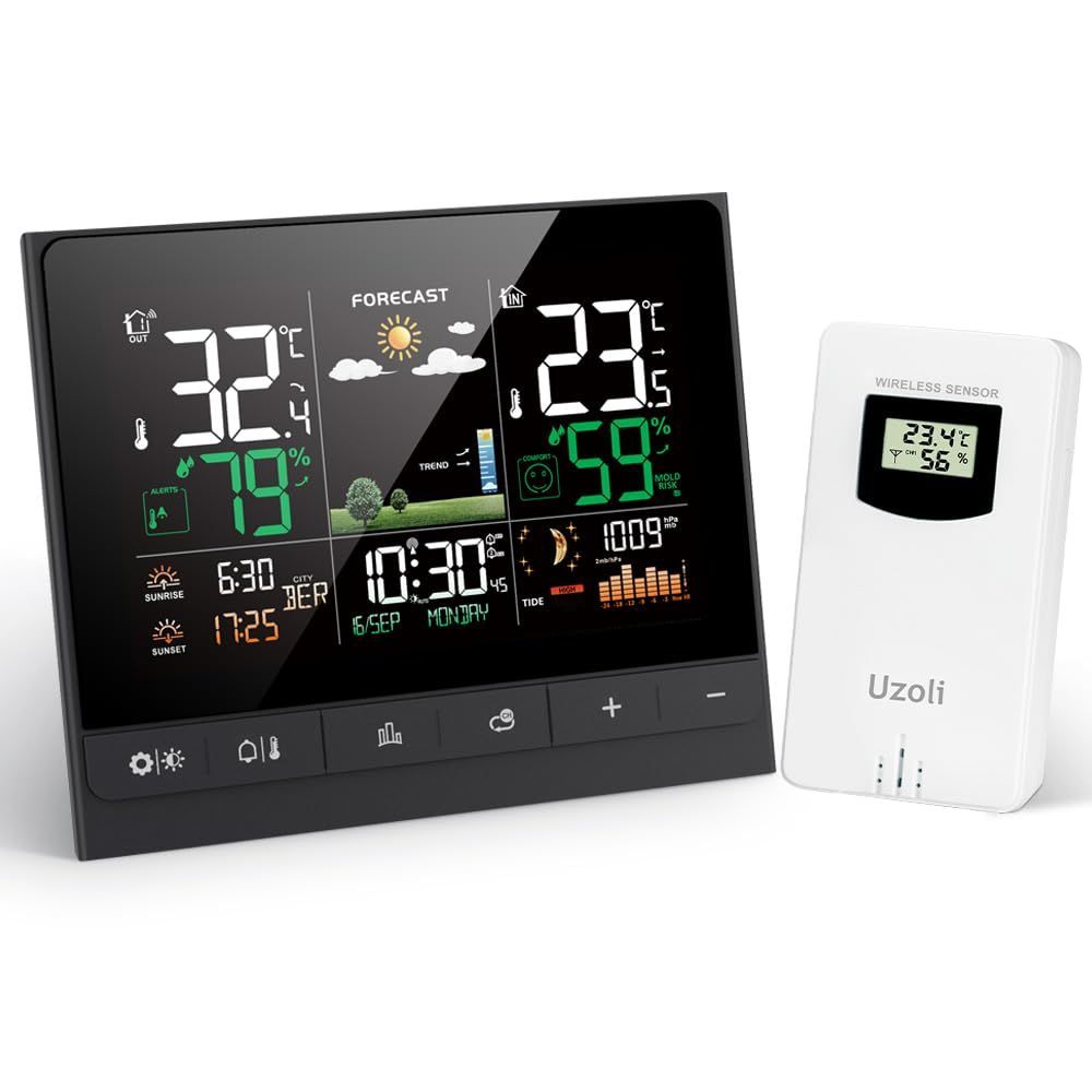 Uzoli Funk-Wetterstation mit Außensensor Farbdisplay Thermometer ...