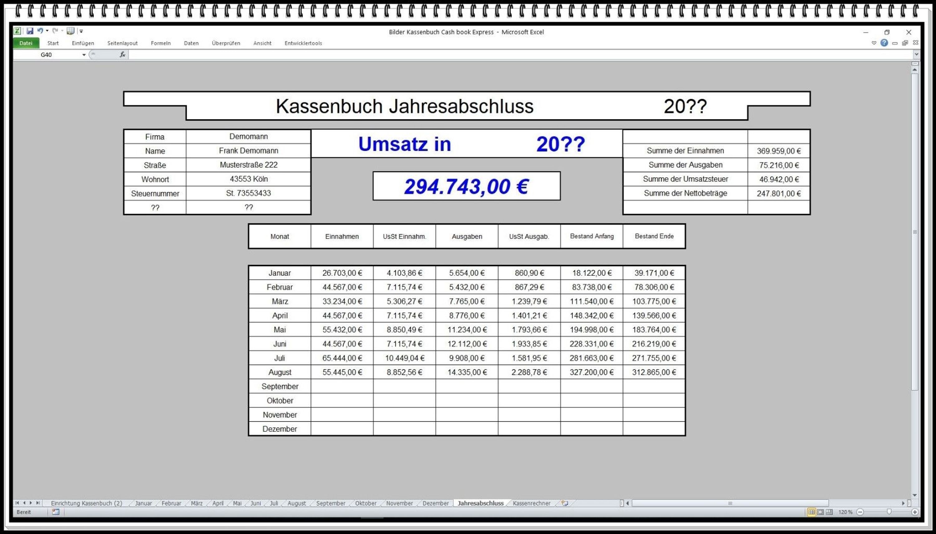 Digital Kassenbuch Software Cash book genial übersichtlich xls einfache ...