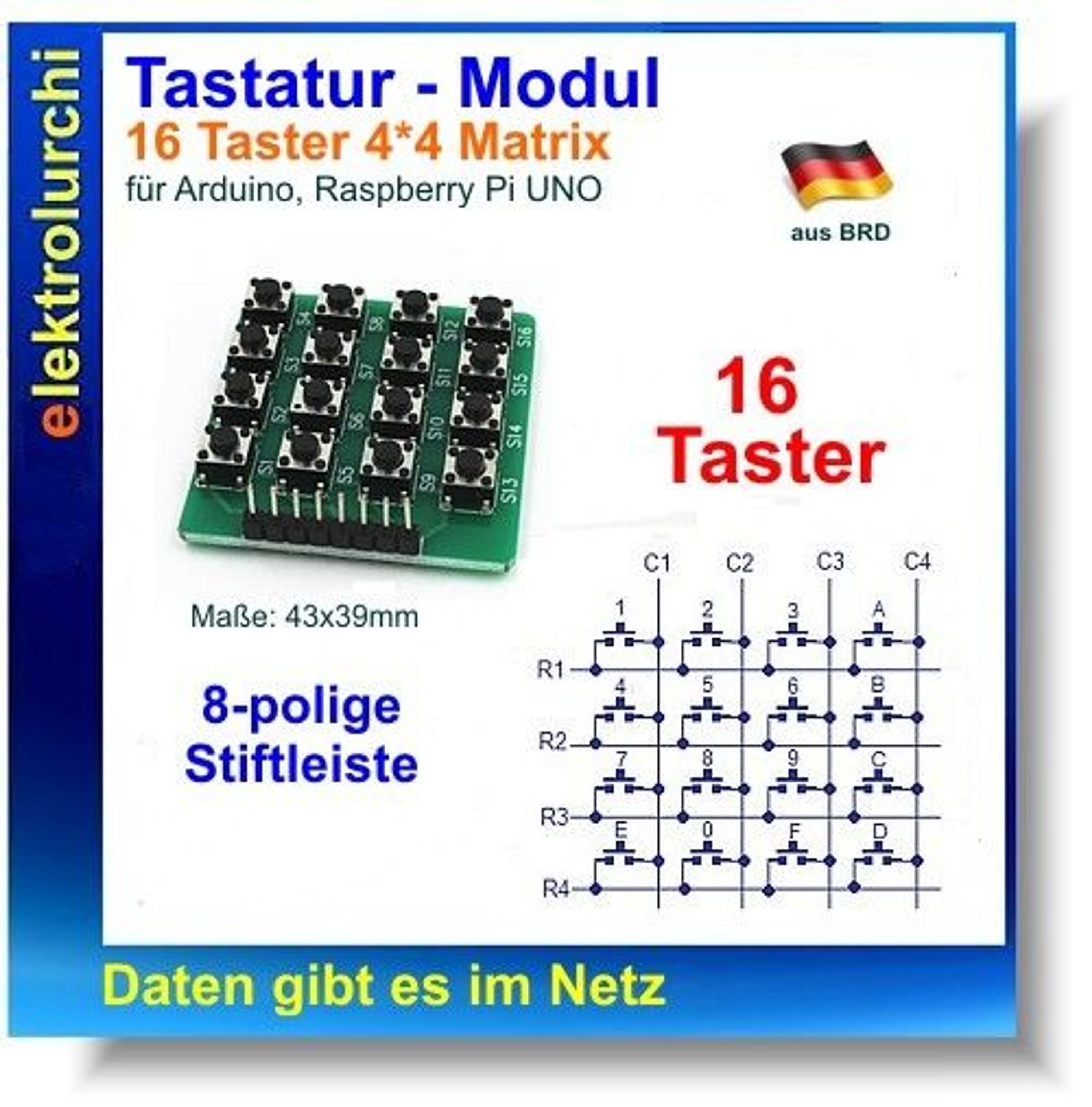Tastatur-Modul 16 Taster Schließer, Matrix 4x4 für Arduino Raspberry pi ...