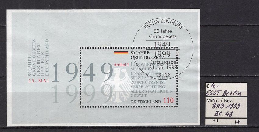 BRD / Bund 1999 Blockausgabe: 50 Jahre Grundgesetz Block 48 ESST Berlin ...