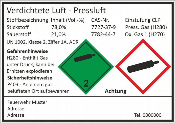 Gefahrgut Aufkleber Druckluft Atemluft UN 1002 individuelle ...